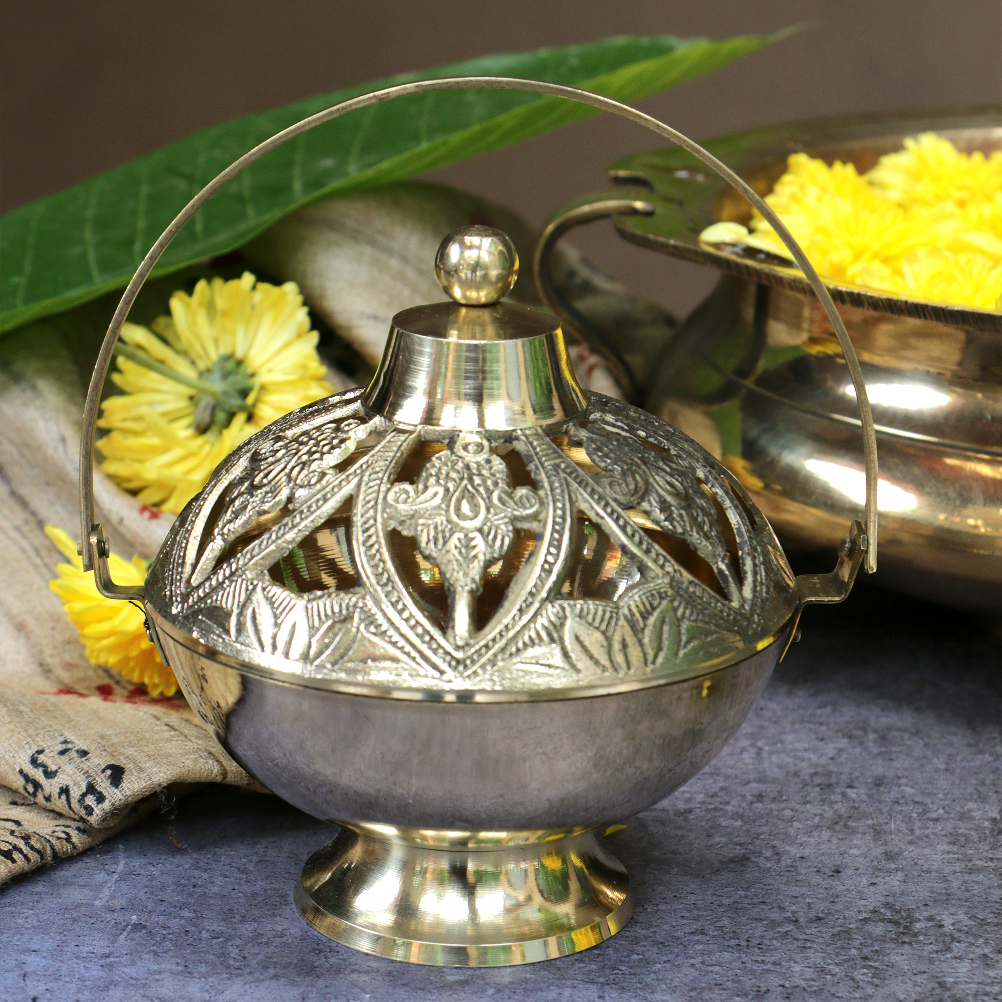 Kamandalam Brass Dhuni Loban Sambrani Incense Burner with Hanging Arm-