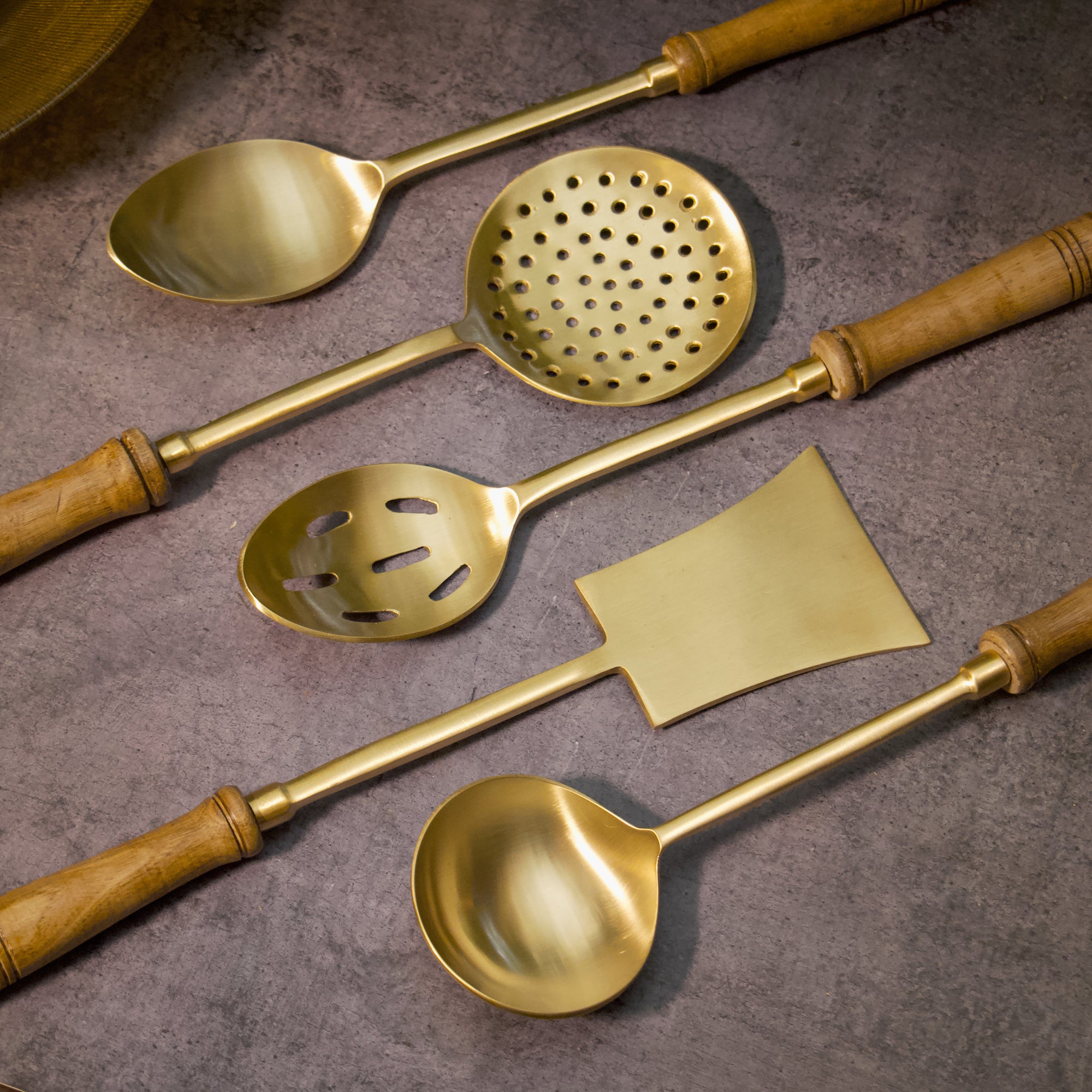 Heavy Brass Cooking Ladles / Karchi - Set of Five - Matt Finish