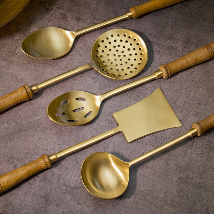 Heavy Brass Cooking Ladles / Karchi - Set of Five - Matt Finish