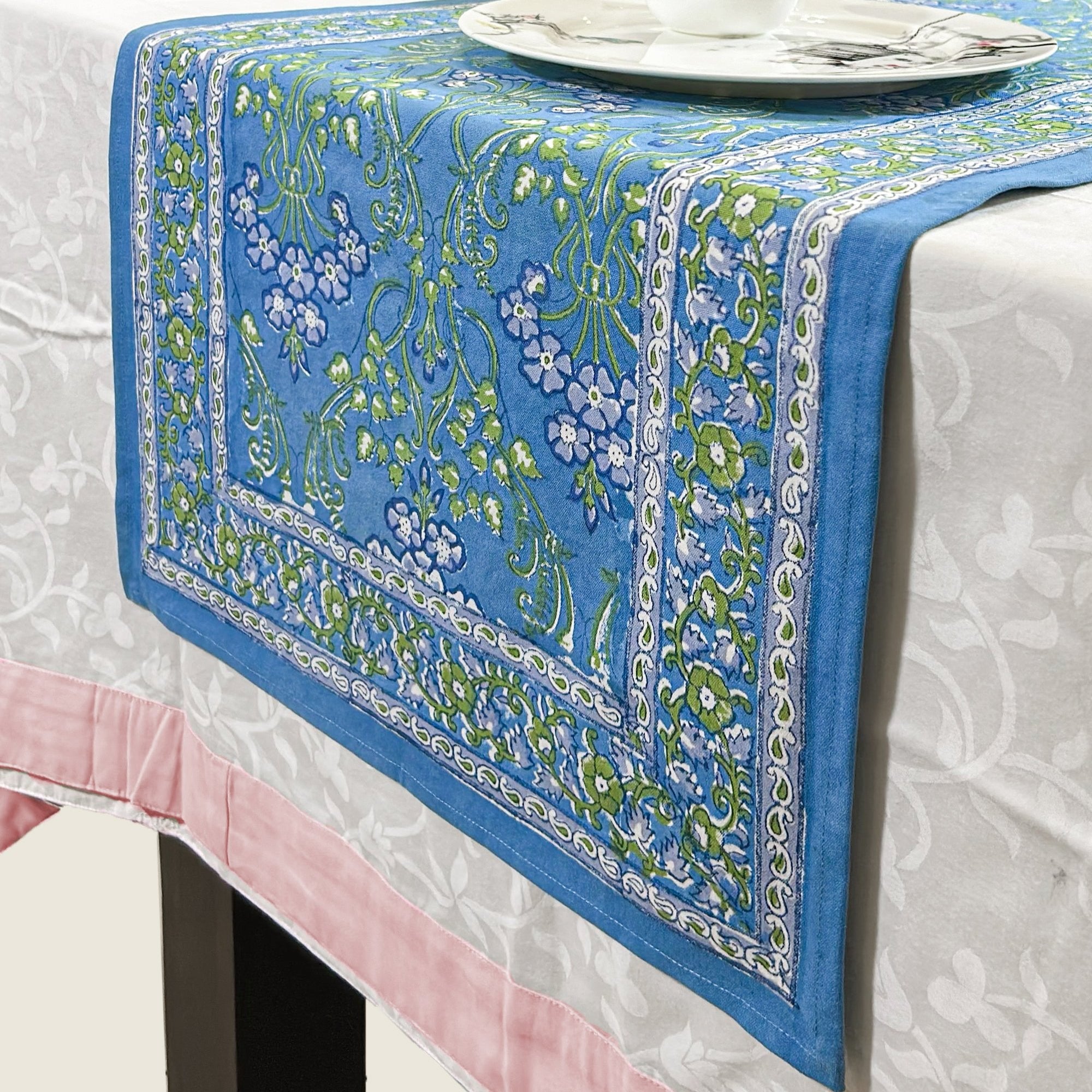 Floral Wide Table Runner (Blue)