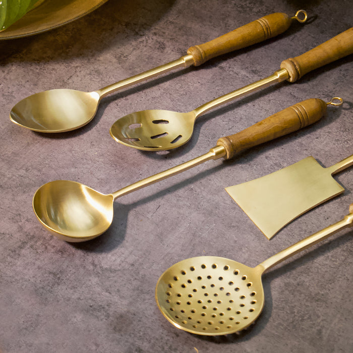 Heavy Brass Cooking Ladles / Karchi - Set of Five - Matt Finish