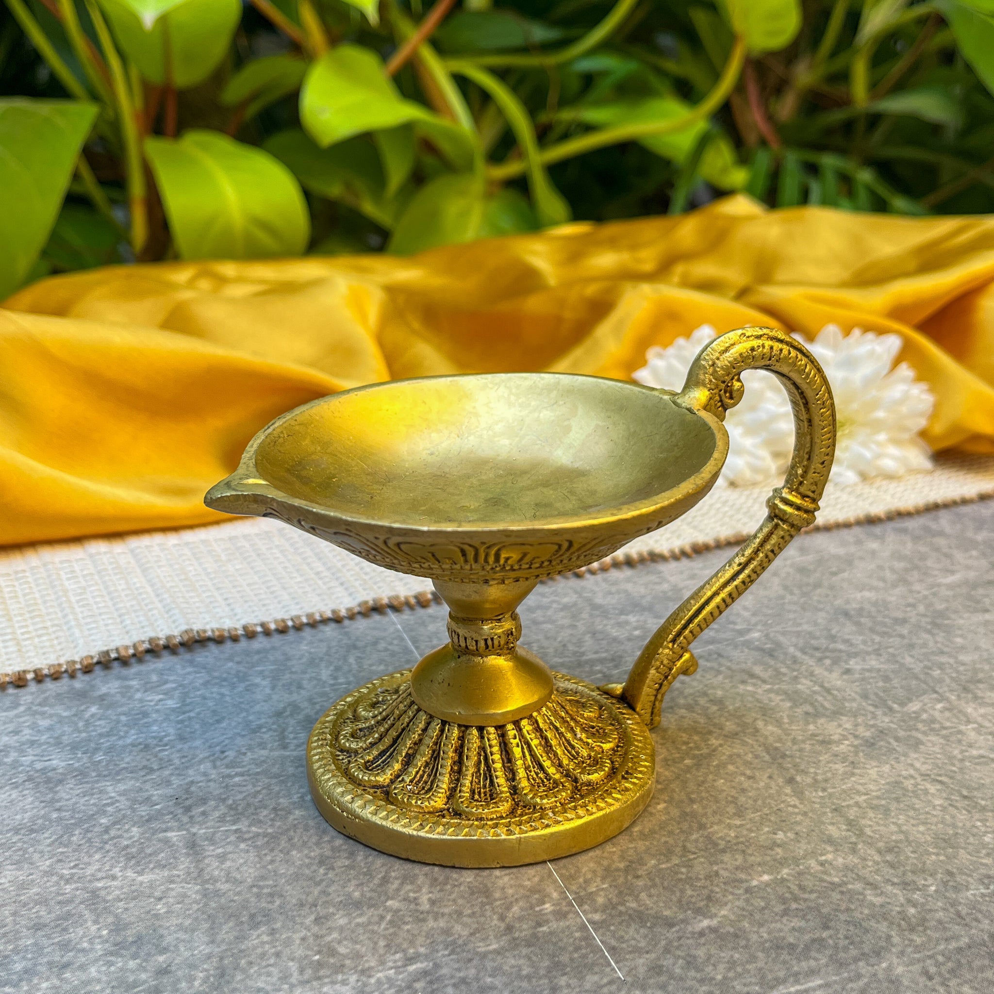 Pure Brass Antique Look Dhoop Puja Aarti Diya with Handle - Heavy Make