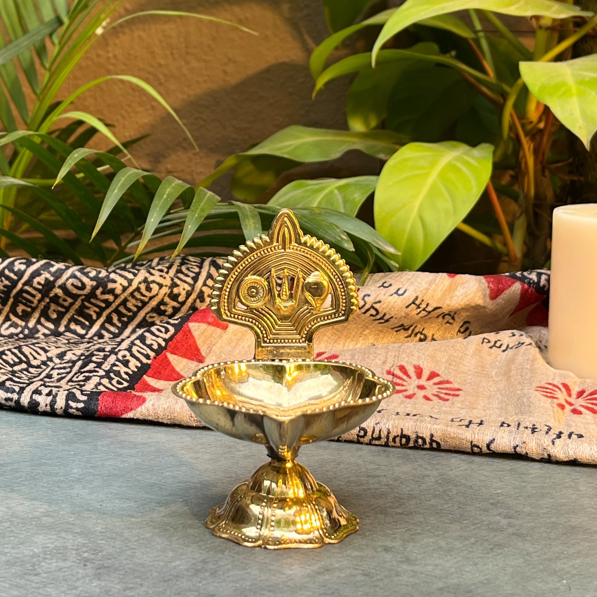 Brass Diya with Shankh Chakra Motifs | Pooja Deepak | Ambi