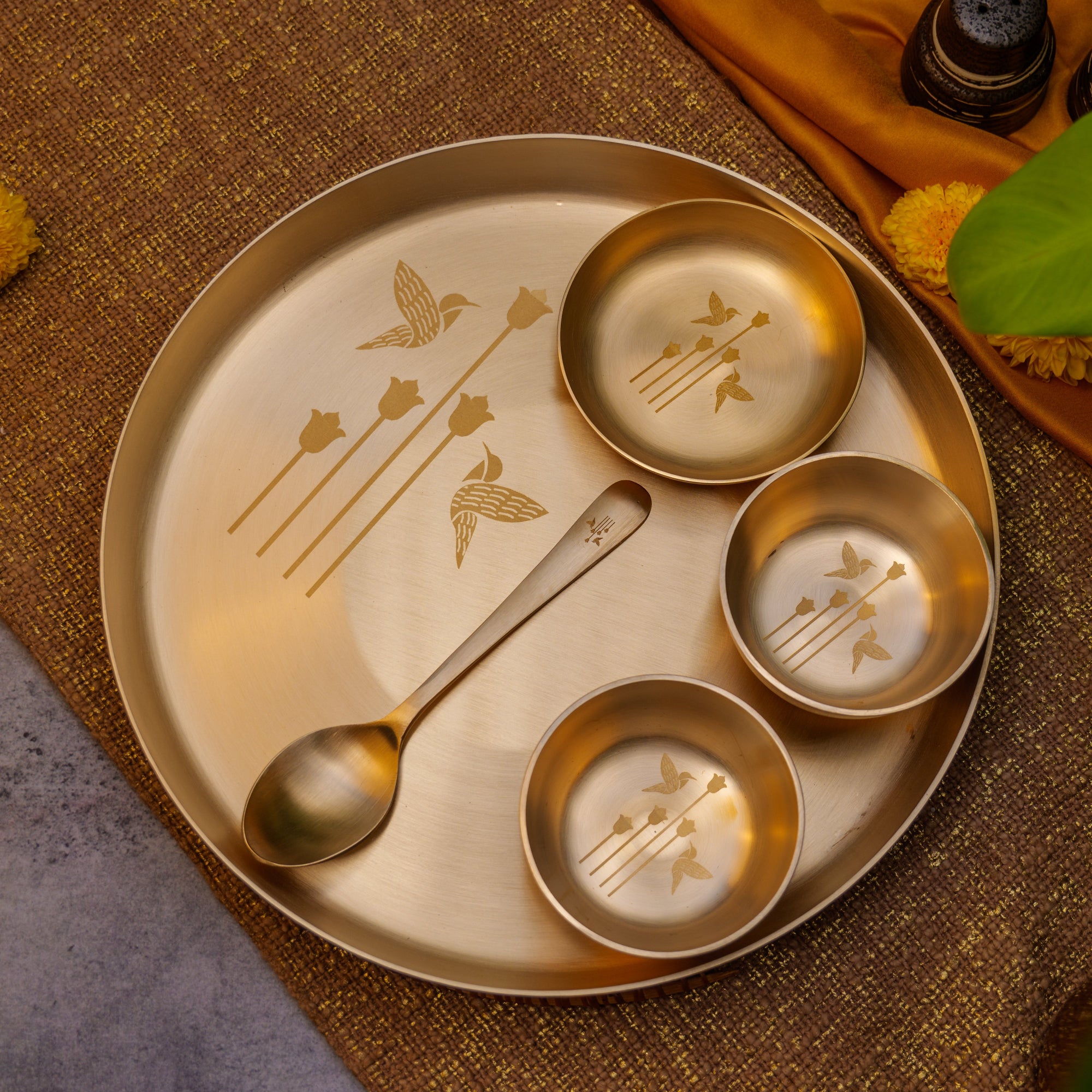 Ambi Pure 100% Lead Free Kansa Thali Set of 5 - with Laser Cut Design