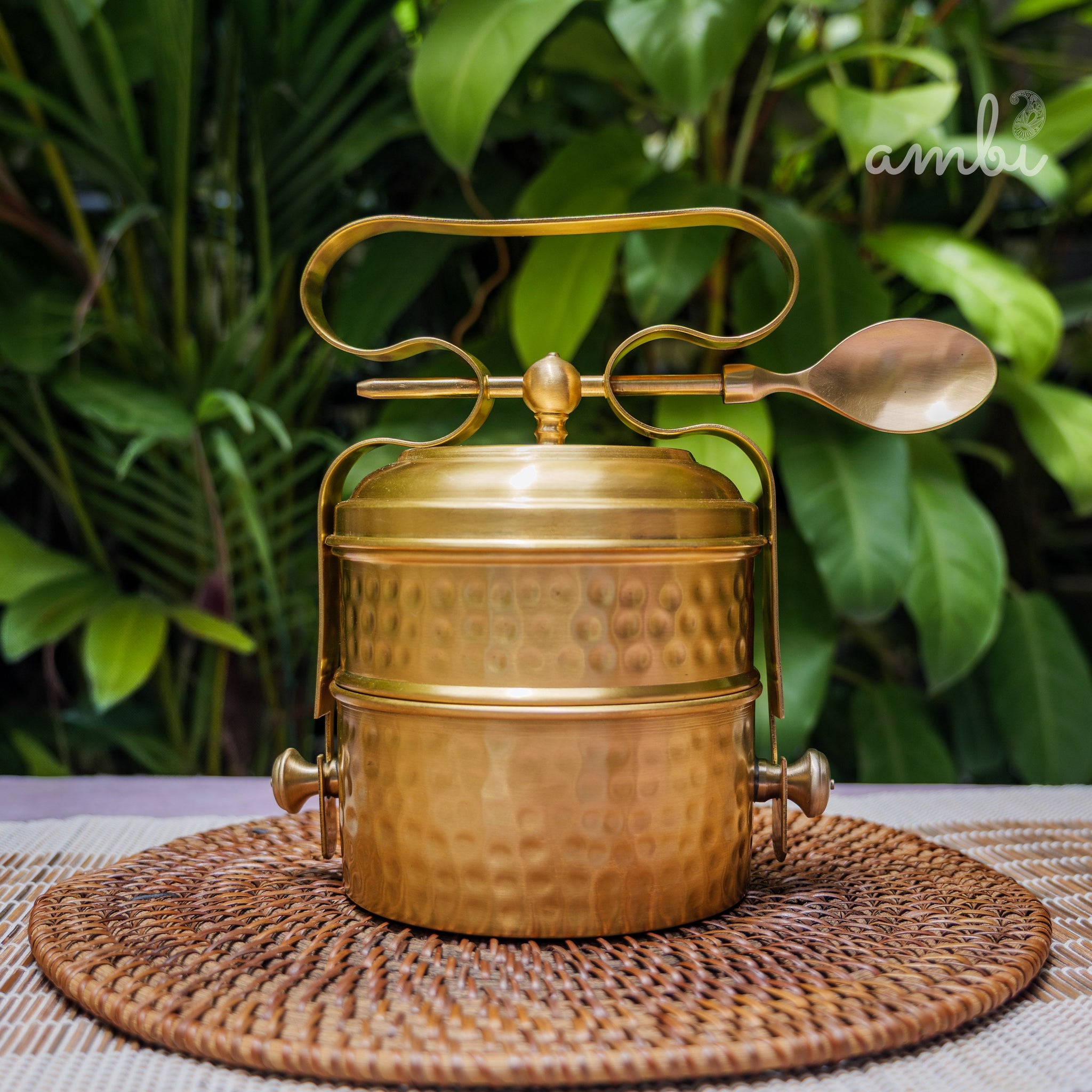 AMBI Pure Brass Hammered Two Tier Tiffin Box With Spoon