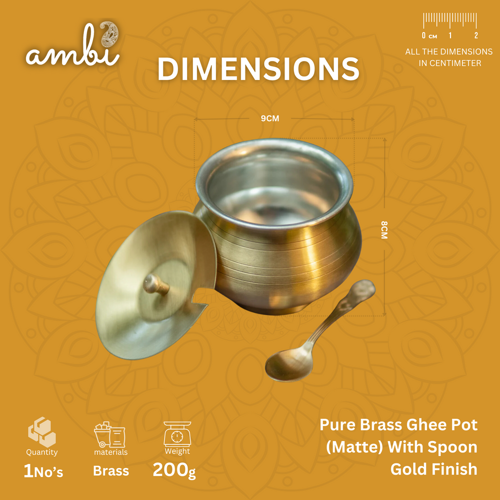 Pure Brass Ghee Pot (Matte) With Spoon - Gold Finish 350 ml