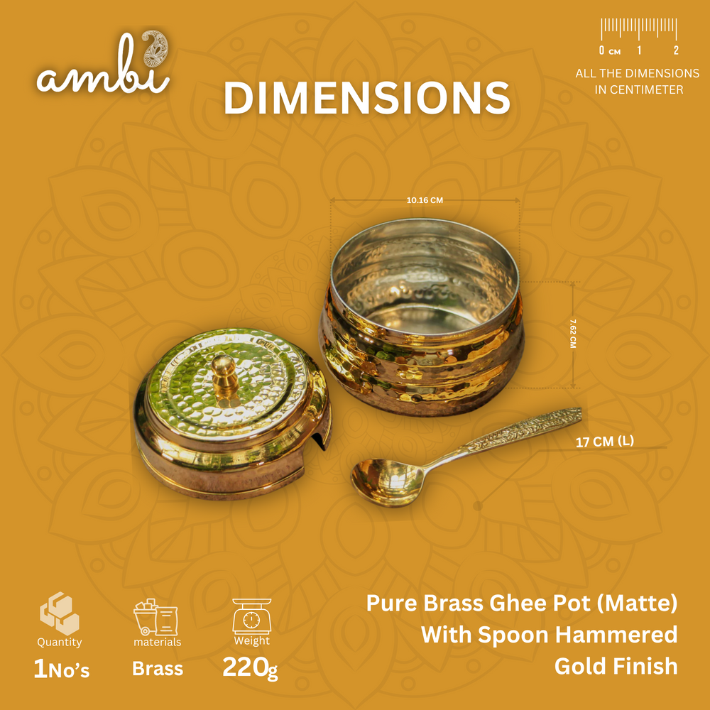 Pure Brass Ghee Pot (Matte) With Spoon - Hammered Gold Finish - Protec