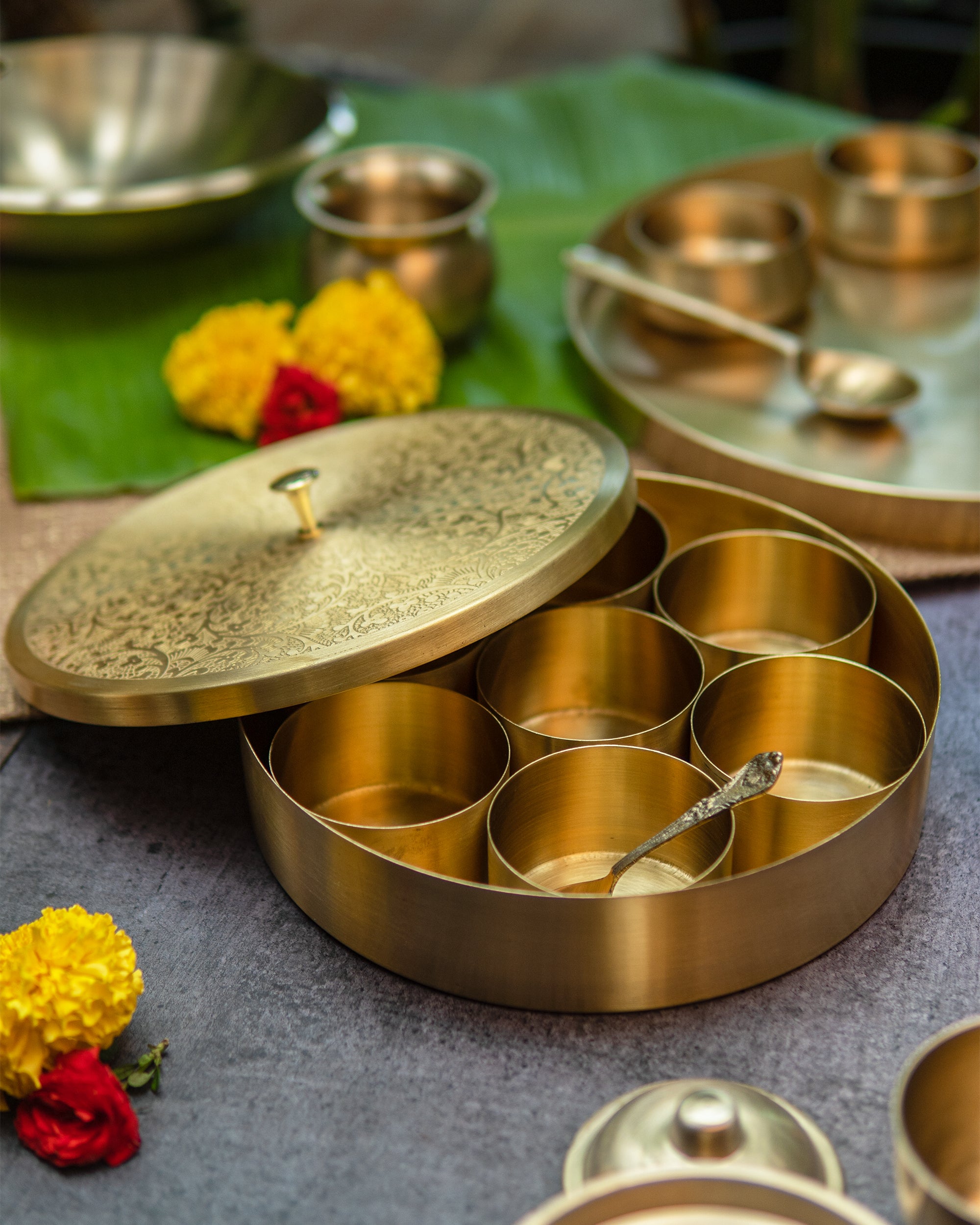 Brass Spice Box Masala Daani with Inlay Work